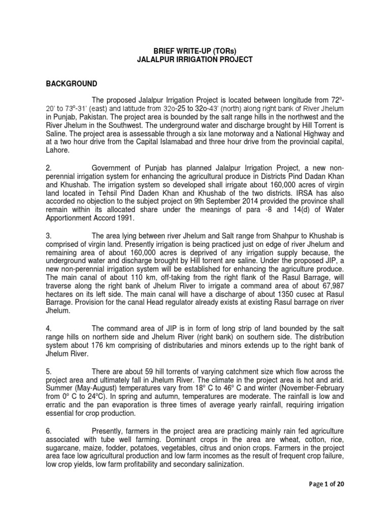 Brief Write-Up (Tors) Jalalpur Irrigation Project | PDF | Agriculture ...