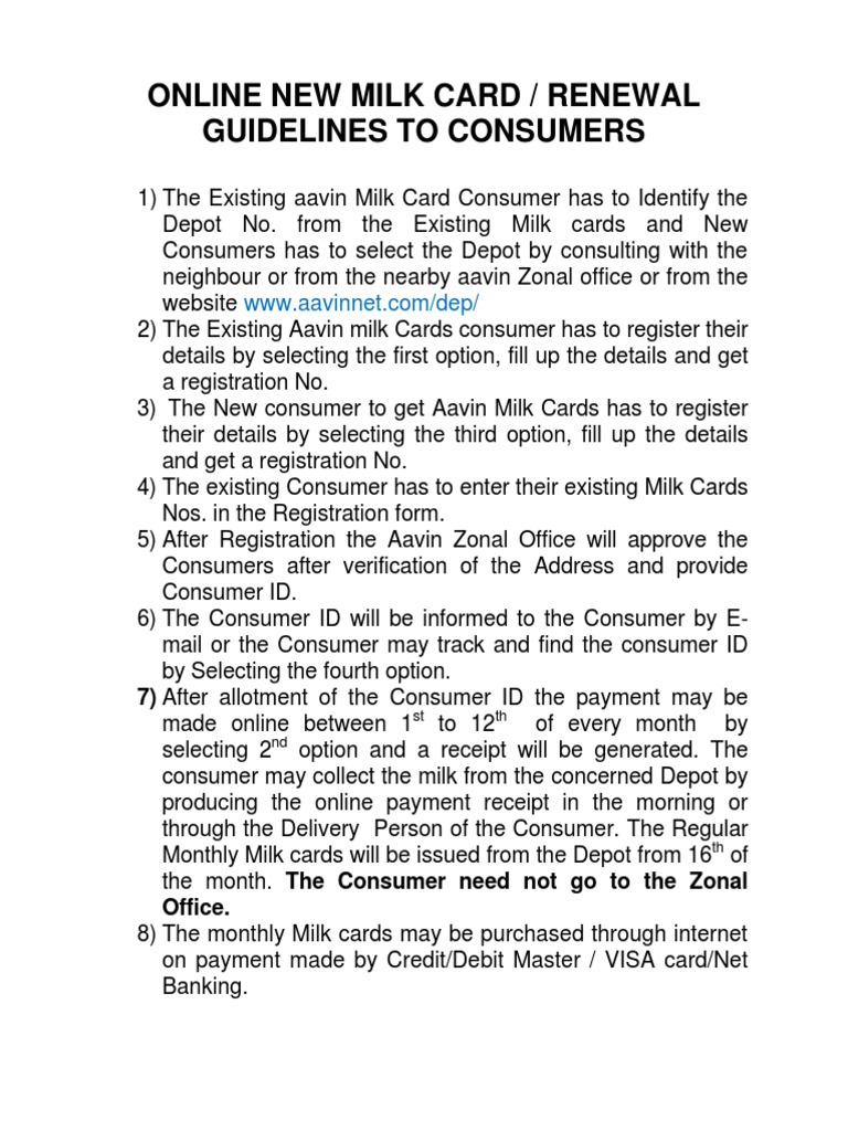 Online New Milk Card / Renewal Guidelines To Consumers: 7) After ...