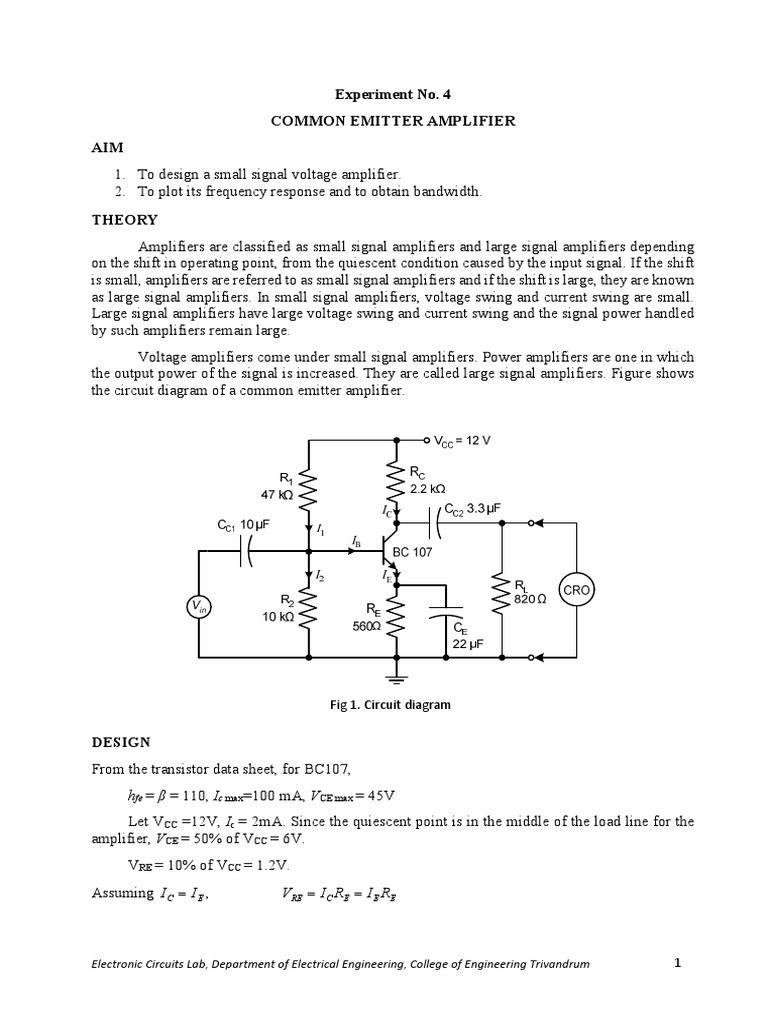 Experiment No. 4 Common Emitter Amplifier AIM: Fig 1. Circuit Diagram ...