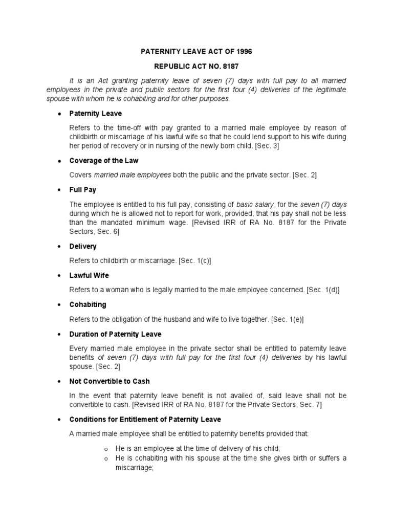 Paternity Leave Act of 1996 | PDF | Parental Leave | Wife