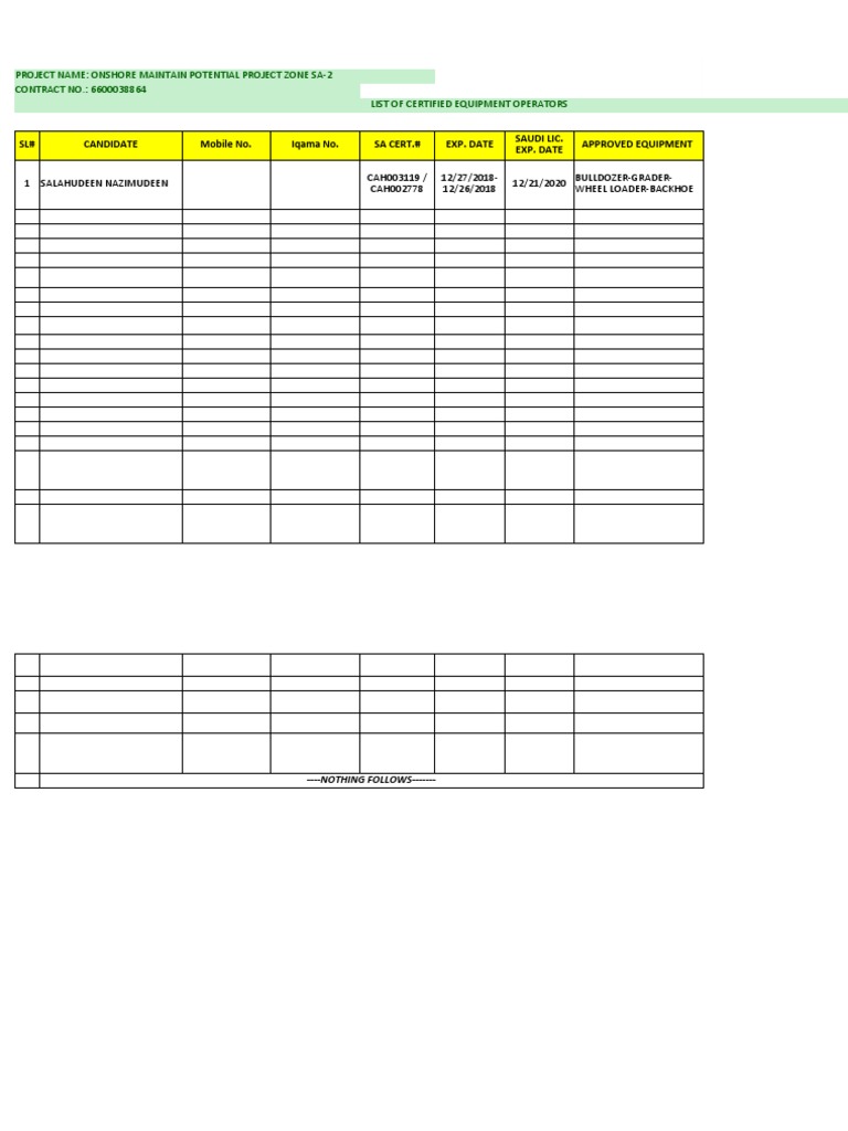 Heavy Equipment Certified Operator Sample Log Sheet | PDF