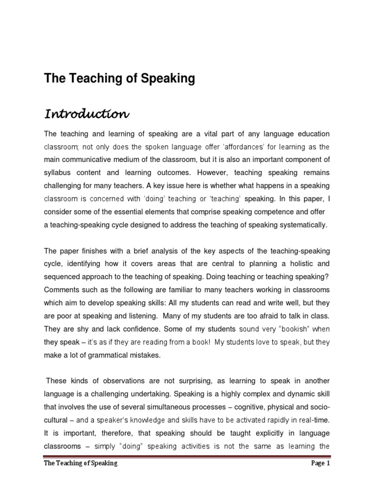 A Holistic Approach To Teaching Speaking | PDF | Speech | Reading ...