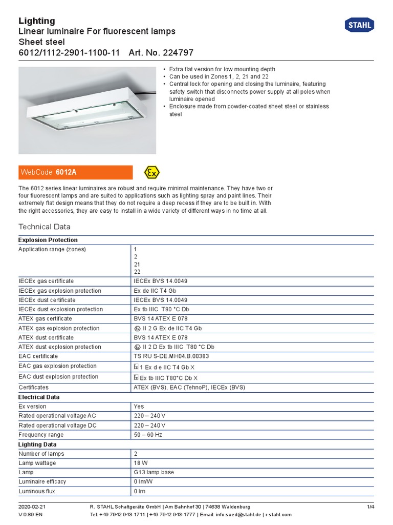 Data Sheet Linear Luminaire For Fluorescent Lamps 6012 1112-2901-1100 ...