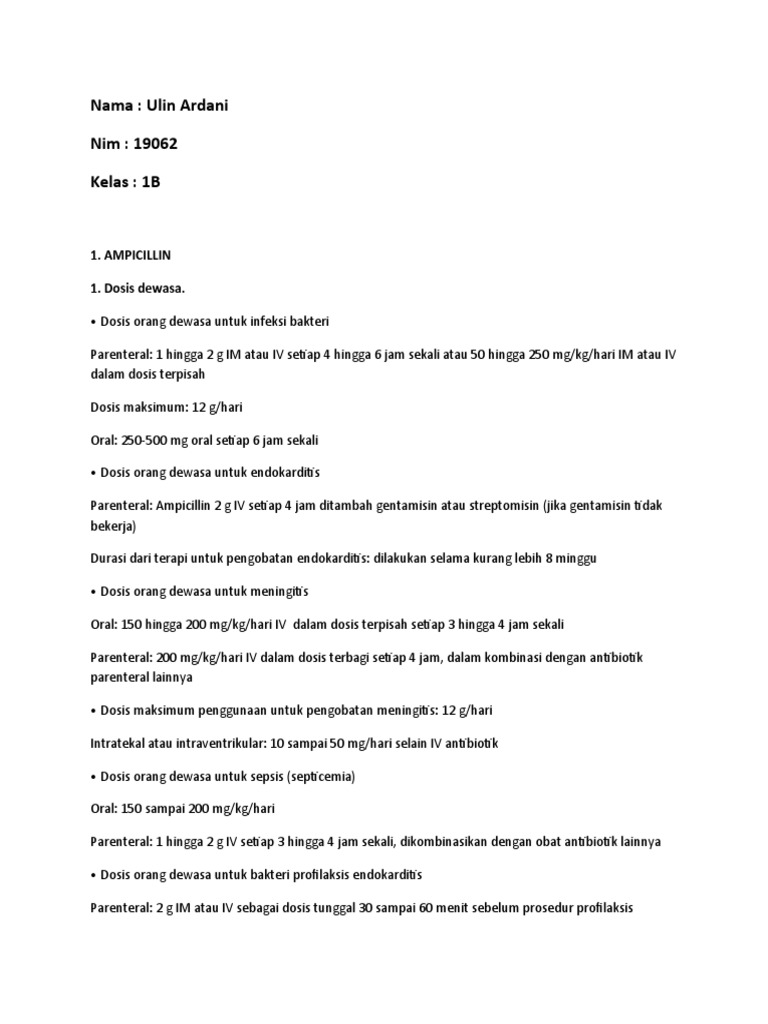 Nama: Ulin Ardani Nim: 19062 Kelas: 1B: 1. Ampicillin 1. Dosis Dewasa | PDF