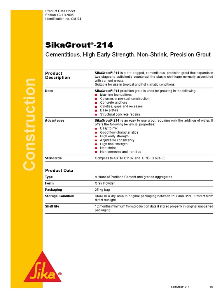 Sikagrout - 214: Cementitious, High Early Strength, Non-Shrink ...