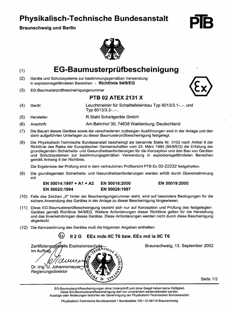 Ex Certificate PTB02ATEX2131X 002 02 | PDF
