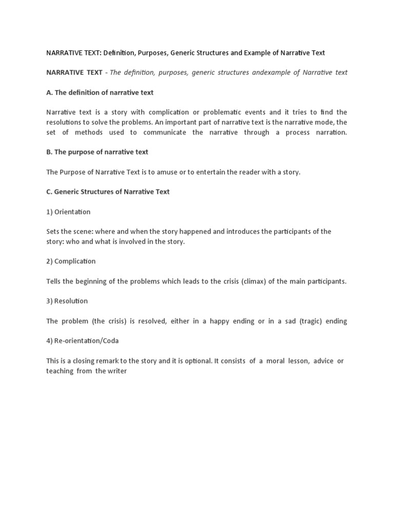 NARRATIVE TEXT - The Definition, Purposes, Generic Structures ...