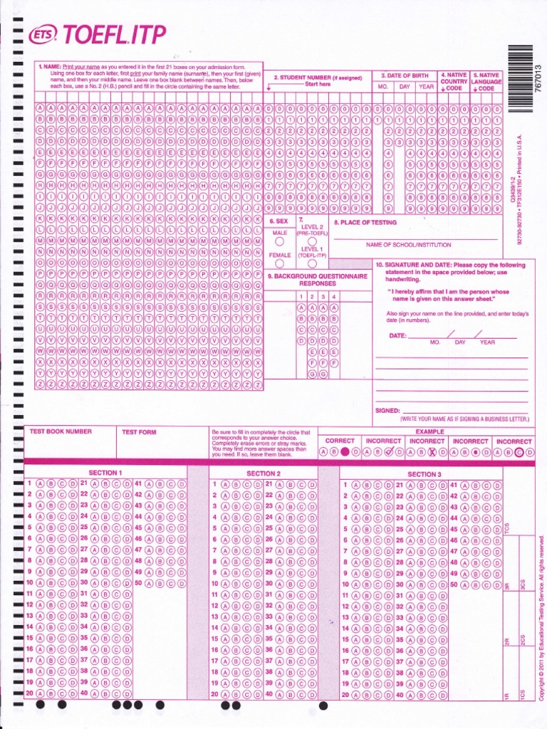 Answer Sheet For TOEFL | PDF