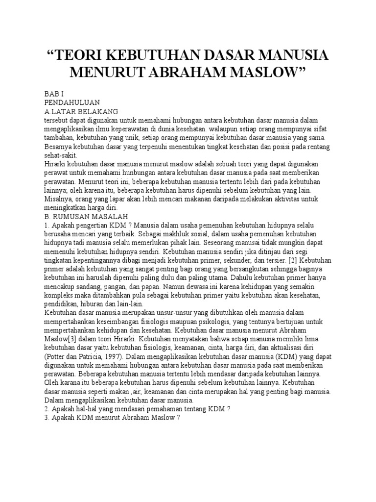 Teori Kebutuhan Dasar Manusia Menurut Abraham. | PDF