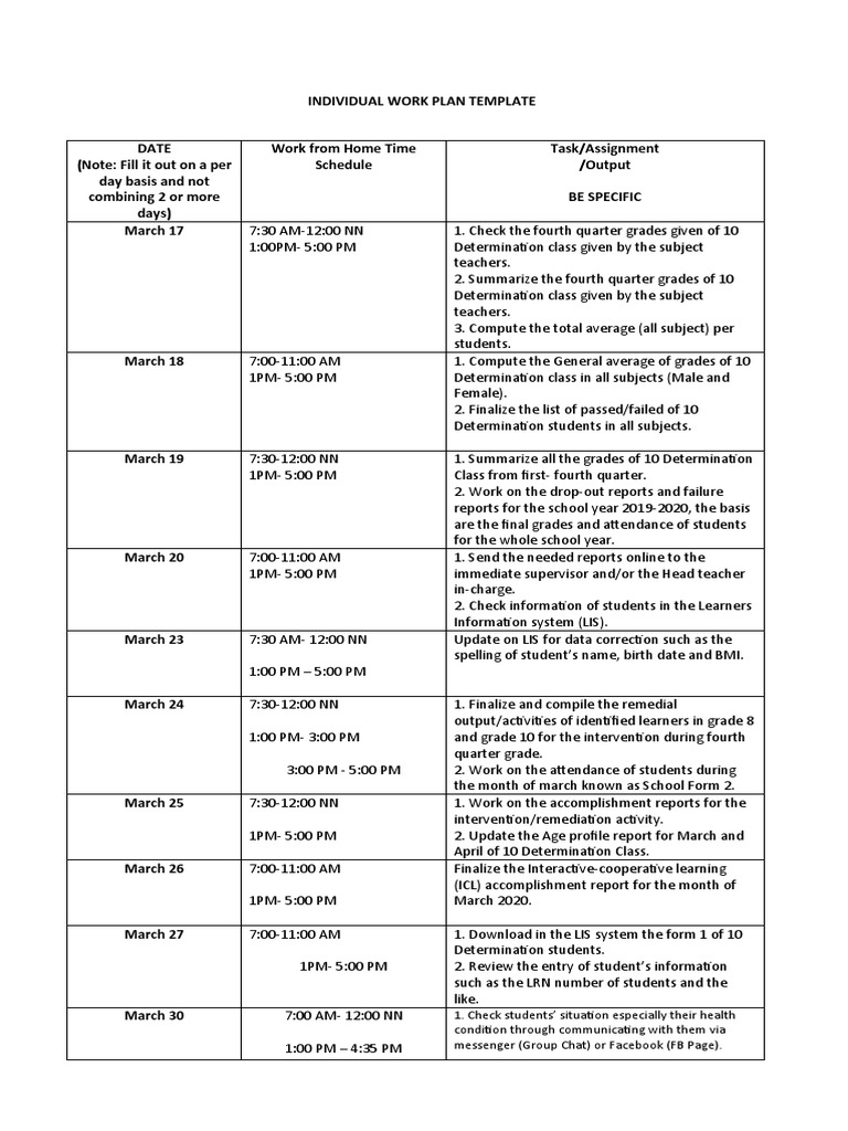 Work Plan - Template | PDF | Behavior Modification | Cognition