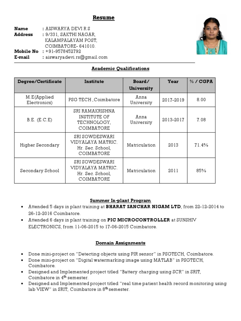 Resume: Name: Aiswarya Devi R S Address: 9/331, SAKTHI NAGAR | PDF ...