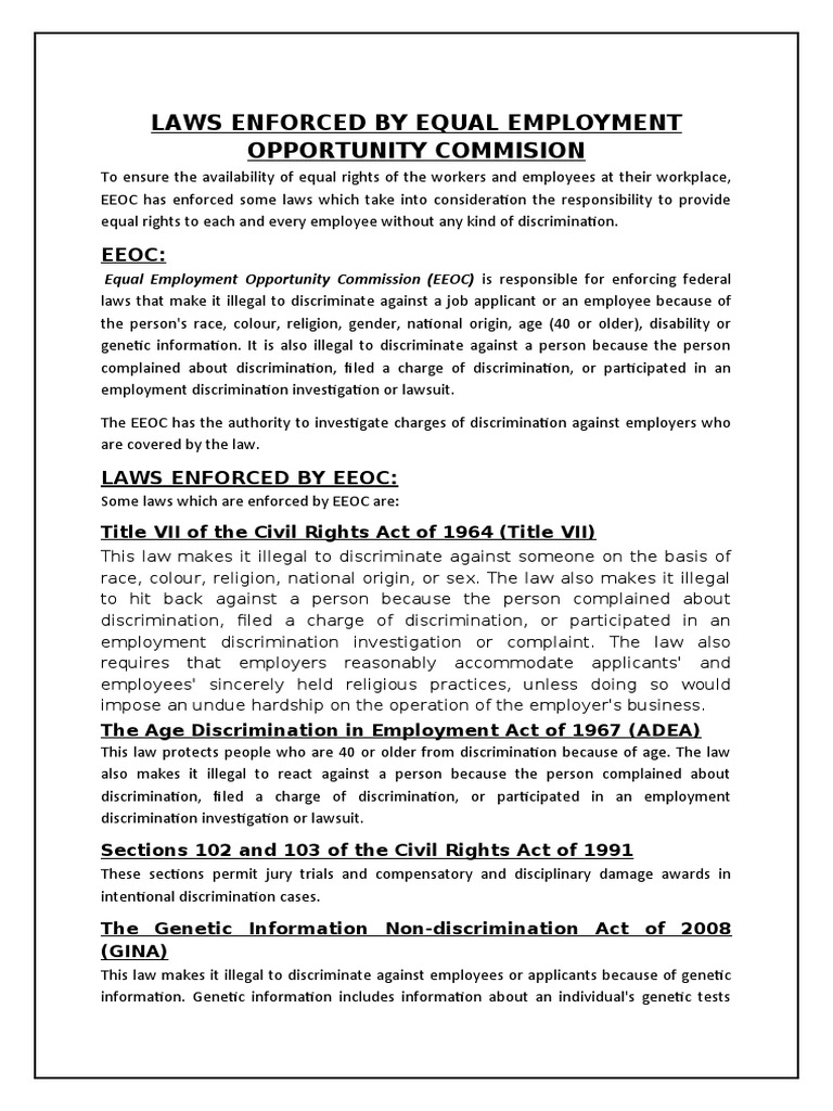 Laws Enforced by Equal Employment Opportunity Commision | PDF | Equal ...