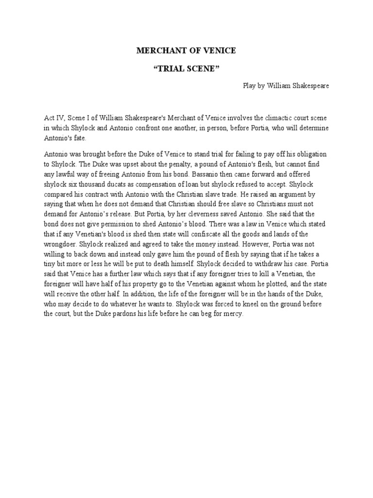 MERCHANT OF VENICE: Trial Scene Summary | PDF