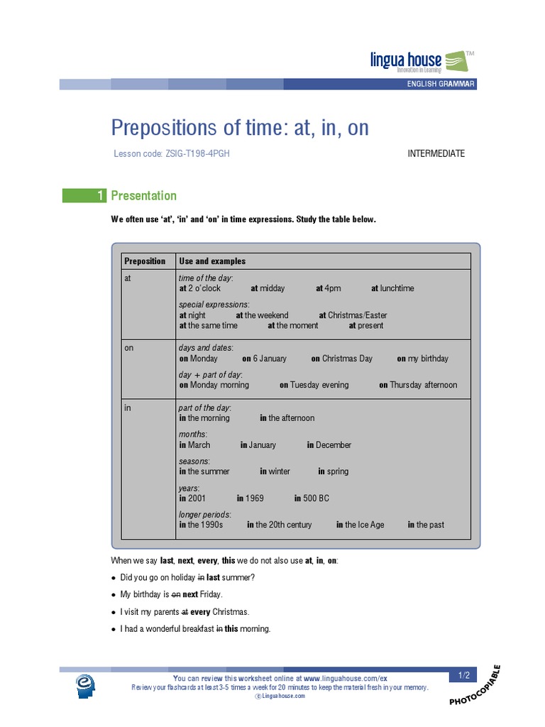 Prepositions of Time: At, In, On: Lingua House Lingua House | PDF