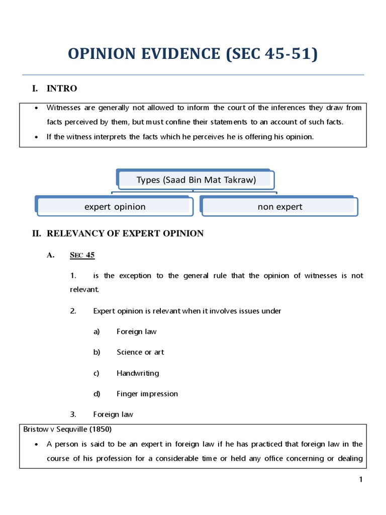 Opinion Evidence (Sec 45-51) : Types (Saad Bin Mat Takraw) Expert ...