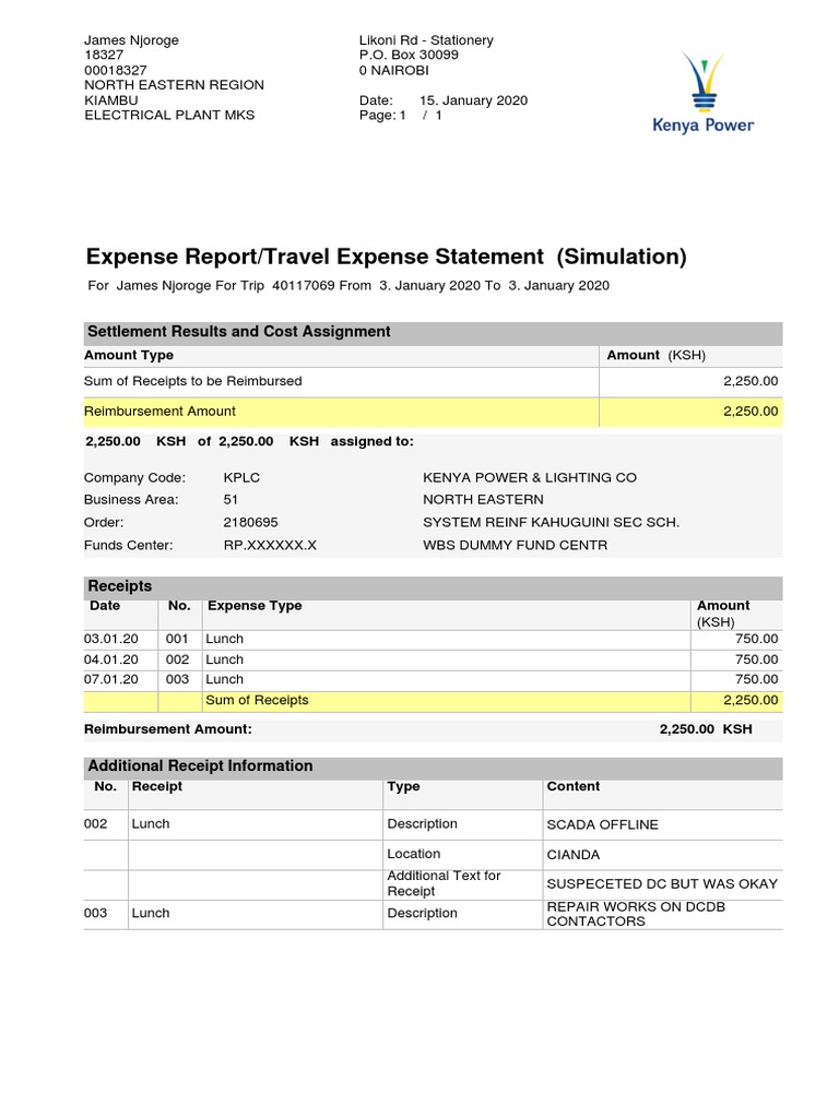 Expense Report/Travel Expense Statement (Simulation) : Settlement ...