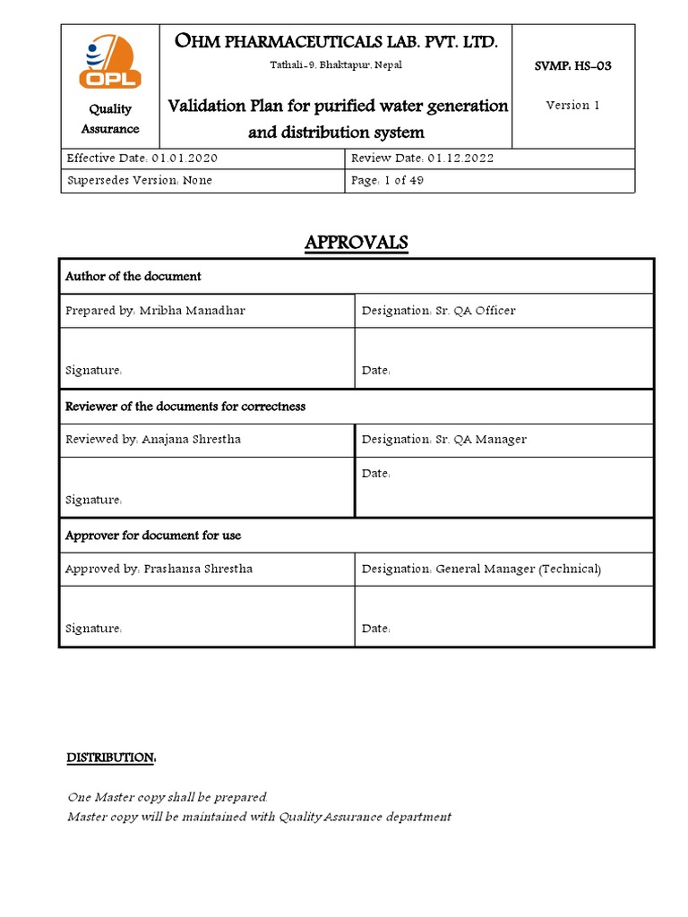 Purified Water System Validation Plan | PDF | Verification And ...