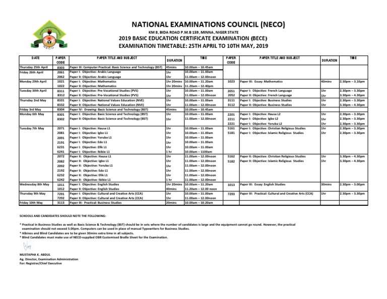 2019 Bece Timetable PDF | PDF