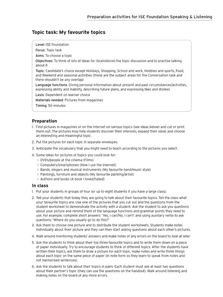 ISE Foundation Topic Task - Favourite Topic | PDF | Question | Behavior Modification