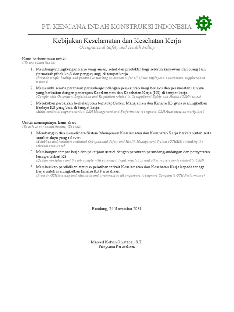 CONTOH SURAT Kebijakan Keselamatan Dan Kesehatan Kerja (K3) | PDF