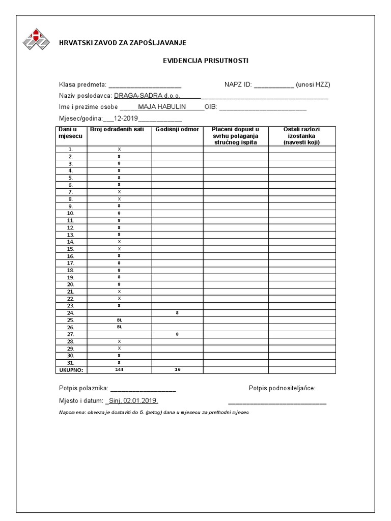 1 Obrazac Evidencija Prisutnosti DP | PDF
