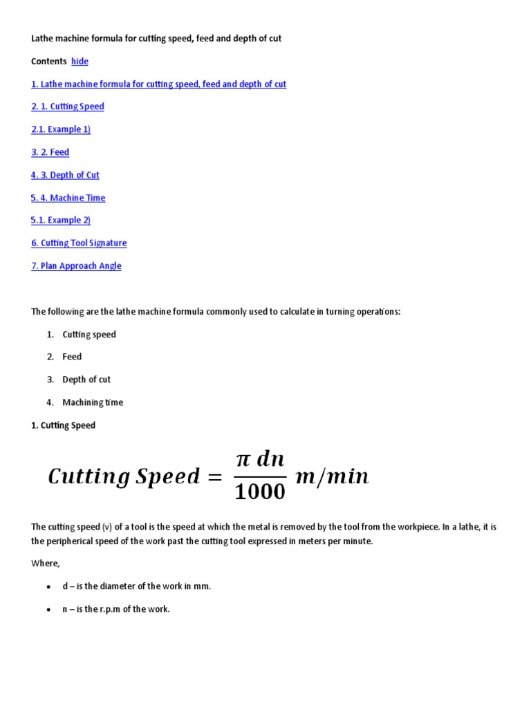 Lathe Machine Cutting Speed Formulas | PDF | Machining | Metalworking