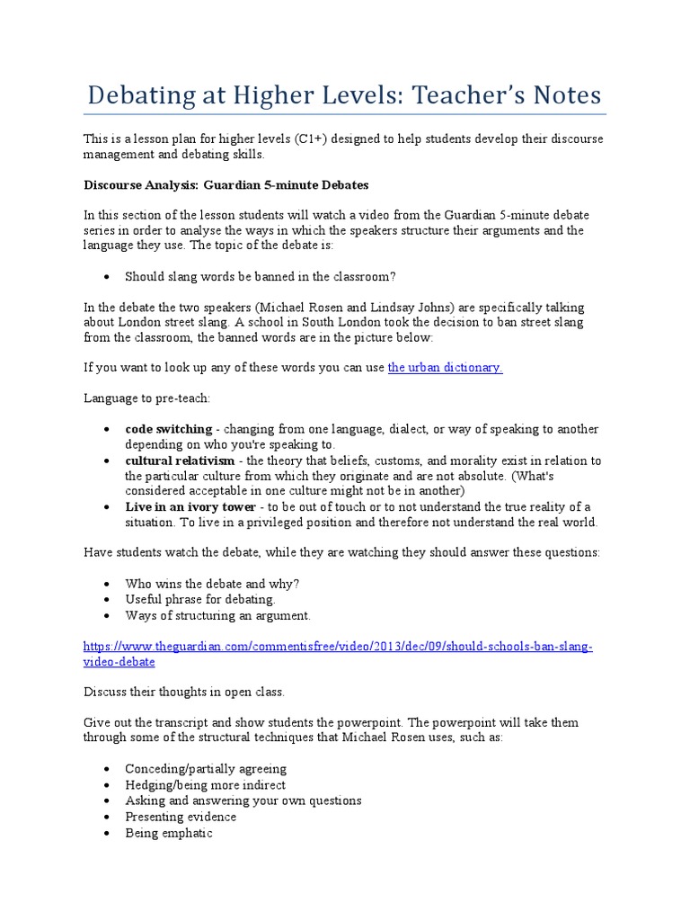 Debating at Higher Levels: Teacher's Notes: Discourse Analysis ...