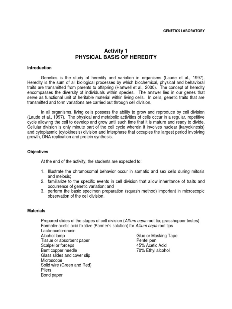 Physical Basis of Heredity Lab Activity | PDF | Mitosis | Meiosis