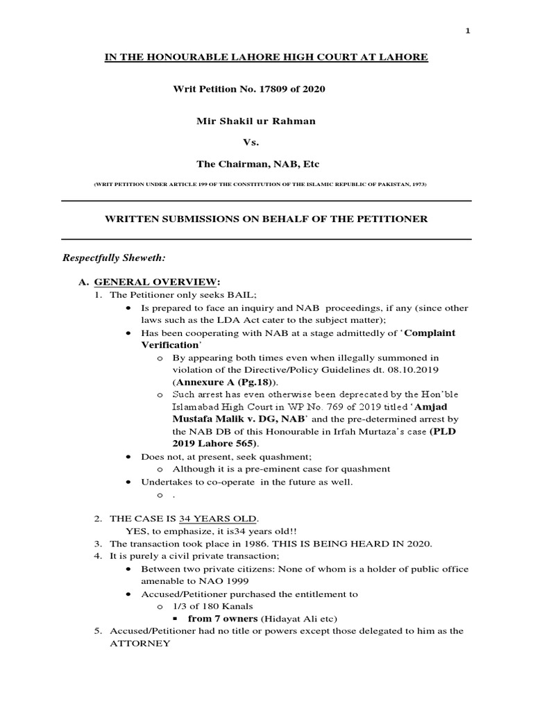 Respectfully Sheweth:: (Writ Petition Under Article 199 of The ...