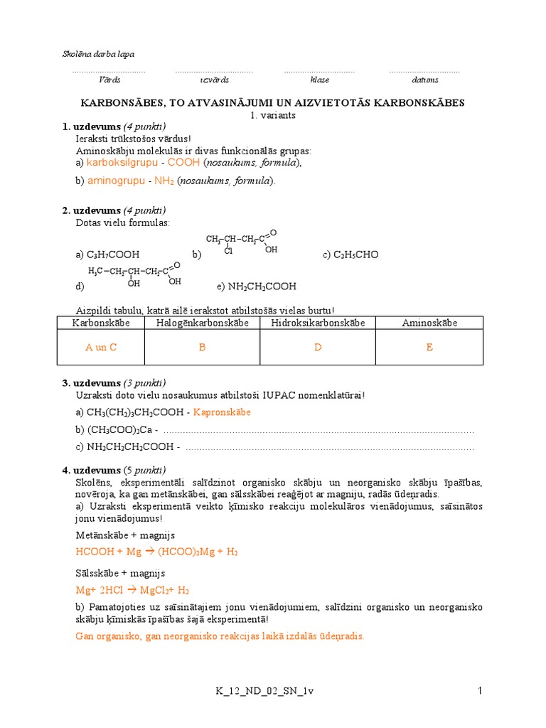 Karbonsābes, To Atvasinājumi Un Aizvietotās Karbonskābes 1. Uzdevums (4 ...