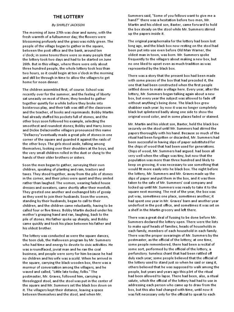 The Lottery: by Shirley Jackson | PDF