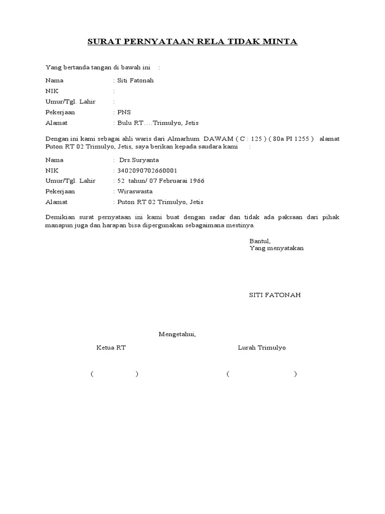 Surat Pernyataan Rela Tidak Minta | PDF