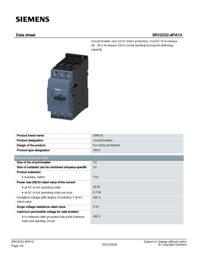 3RV20324PA10 Datasheet en | PDF | Alternating Current | Electric Motor