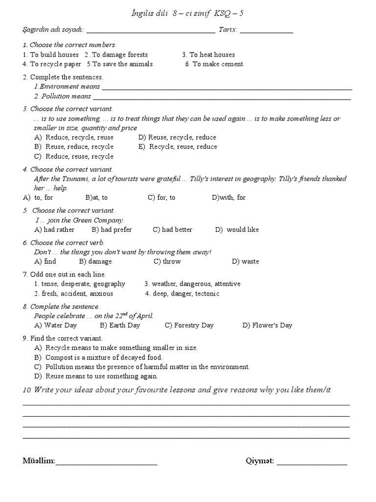 8th Grade English Language Test - Questions on Environmental Topics ...