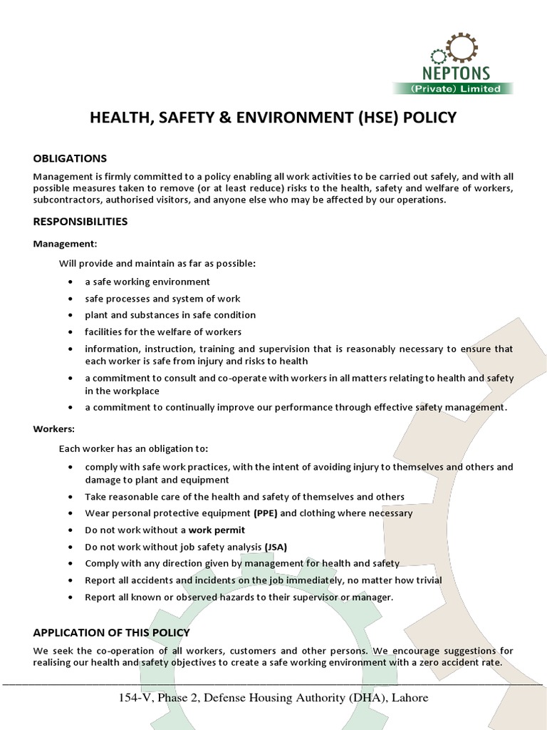 Health, Safety & Environment (Hse) Policy: Obligations | PDF ...