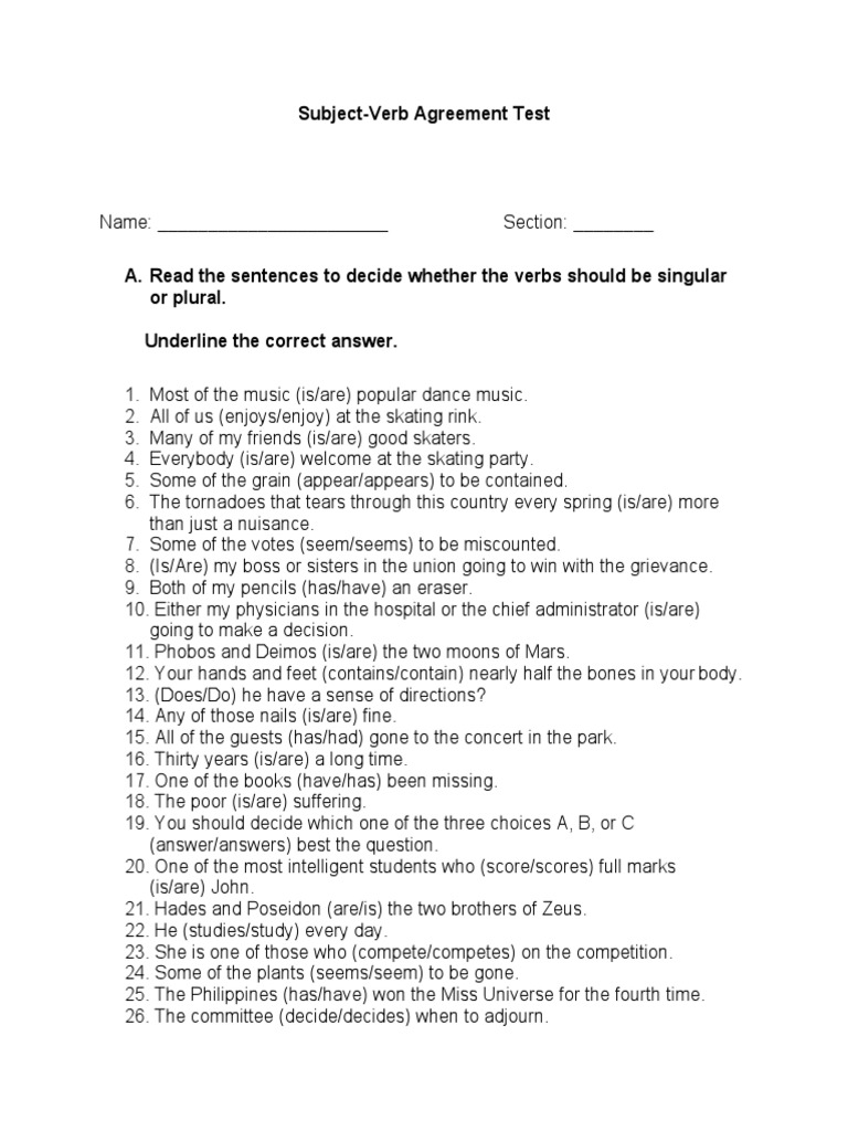Subject-Verb Agreement Test | PDF