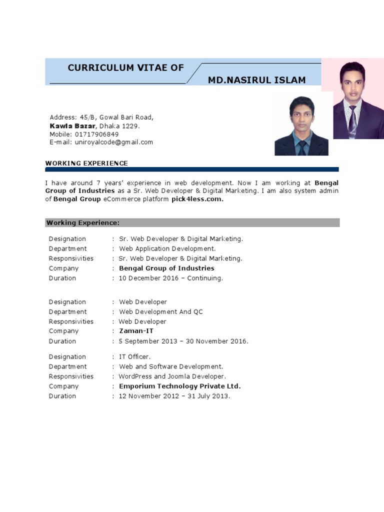 Curriculum Vitae of MD - Nasirul Islam: Kawla Bazar | PDF | Computing ...