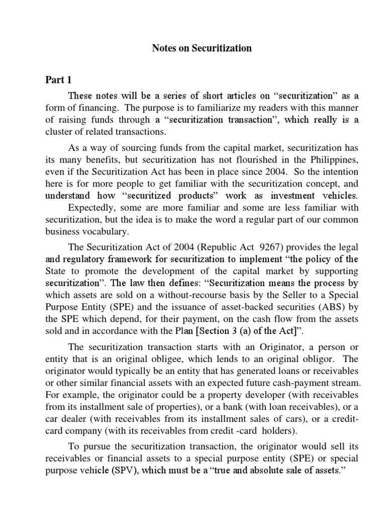 5) Notes On Securitization | PDF | Securitization | Asset Backed Security