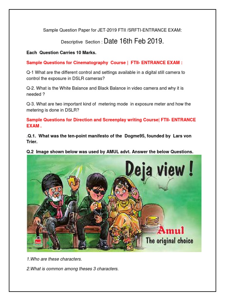 1.sample Question Papers For JET 2019 FTII SRFTI Entrance Exam 16th Feb ...