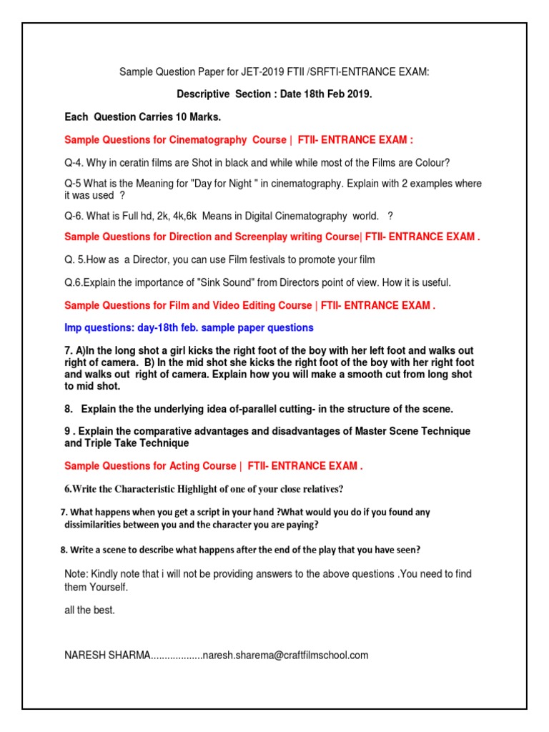 3.sample Question Papers For JET 2019 FTII SRFTI Entrance Exam 18th Feb ...