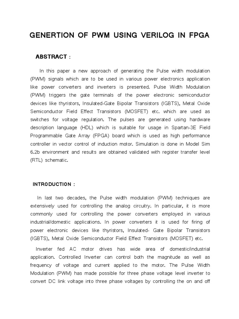 Generation of PWM Using Verilog in FPGA | PDF | Power Electronics | Power Inverter