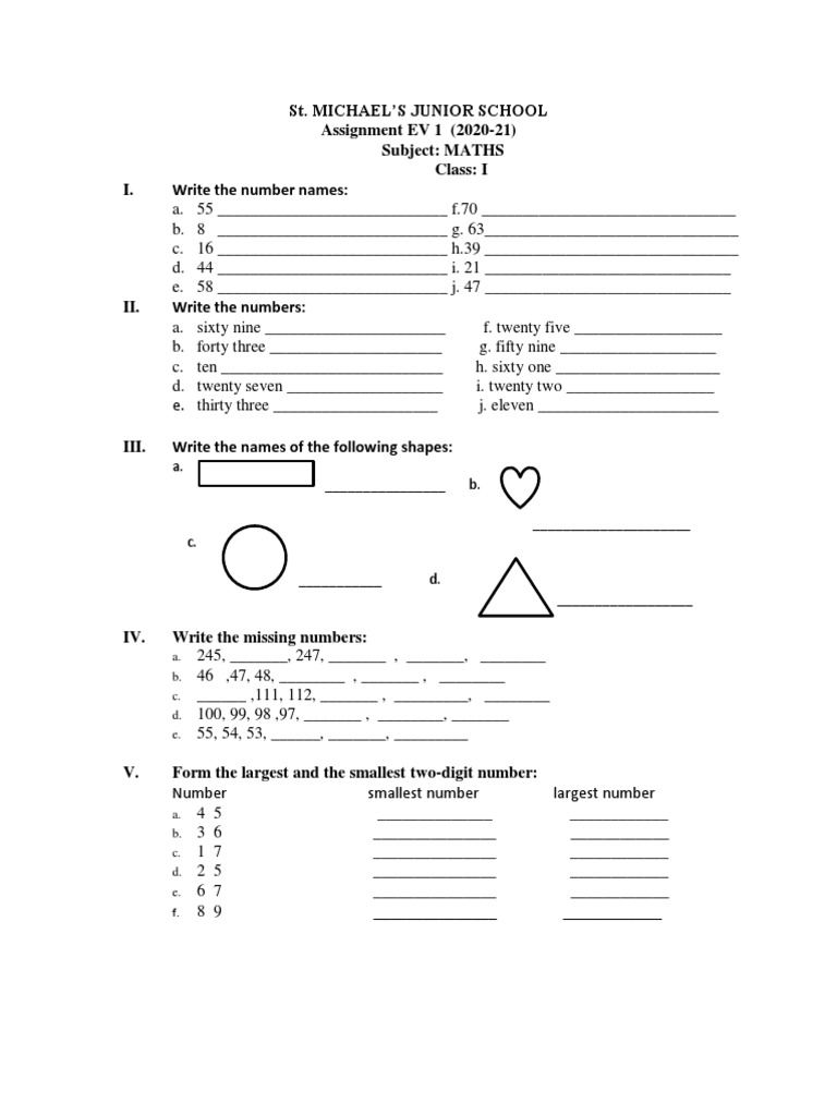 Class I Maths Assignment EV I 2020 2021 | PDF | Teaching Mathematics