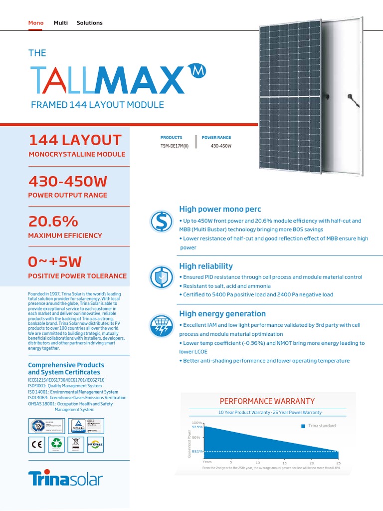 144 Layout 430-450W 20.6% 0 + 5W: Monocrystalline Module | PDF ...