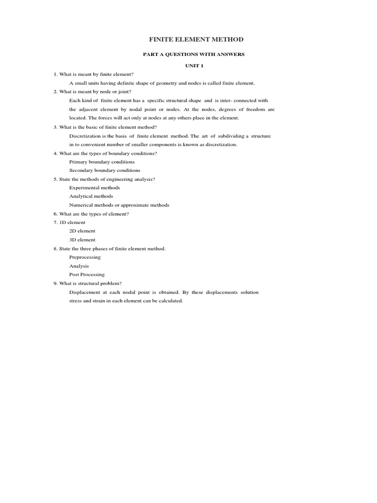 Finite Element Method Part A Questions With Answers Unit 1 Pdf Finite Element Method 