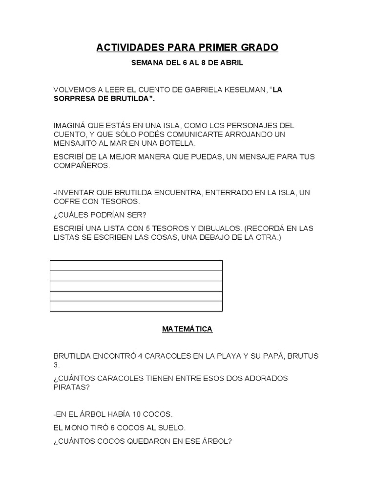 Actividades para Primer Grado Semana Del 6 Al 8 de Abril | PDF