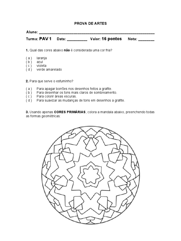 Prova de Artes: Cores e Mandalas | PDF | Casa e Jardim