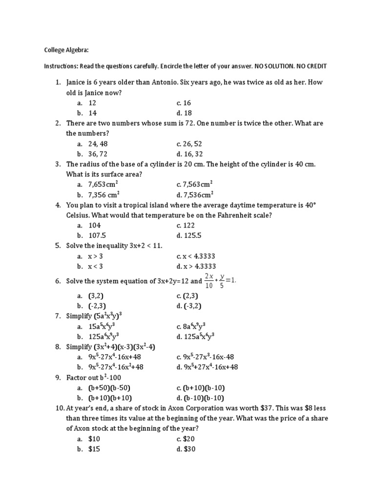 College Algebra Practice Questions | PDF | Teaching Mathematics | Nature