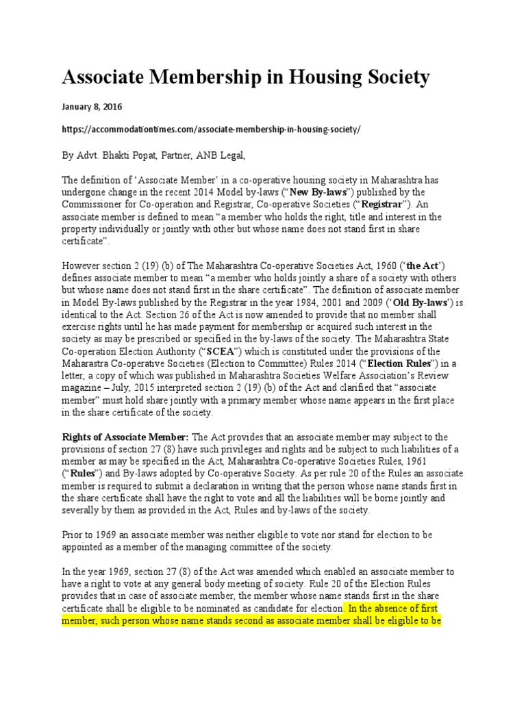 Associate Membership in Housing Society | PDF | Deed | By Law