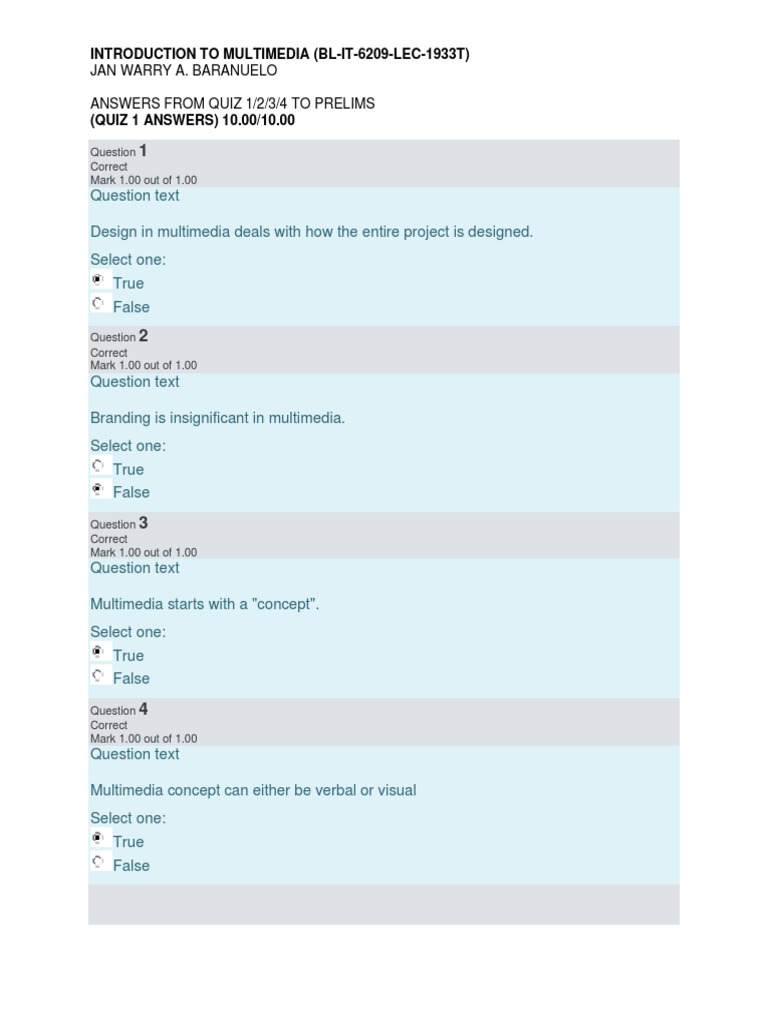 Intro To Multimedia Quiz 1 To Prelims PDF | PDF | Question | Multimedia