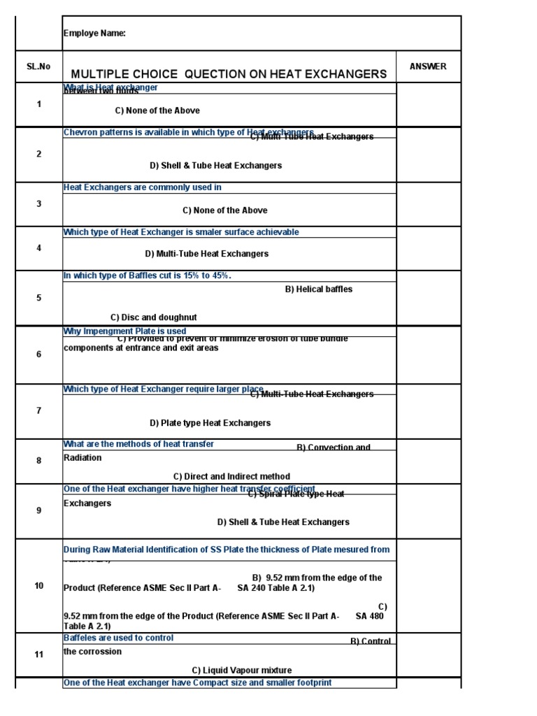Heat Exchanger Multiple Choice Questions | PDF | Heat Exchanger | Pipe ...